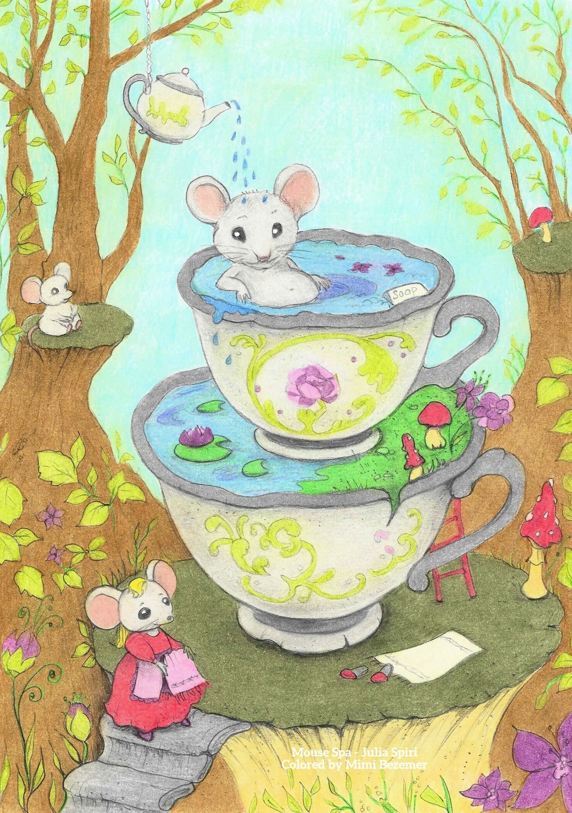 Grayscale Coloring Page, Fantasy Mice Take a Bath in Forest. Mouse Spa ...