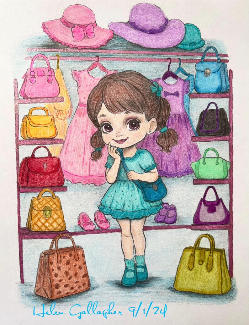 Grayscale Coloring Page, Little Girl and Her Closet. Coquette's Dilemma ...