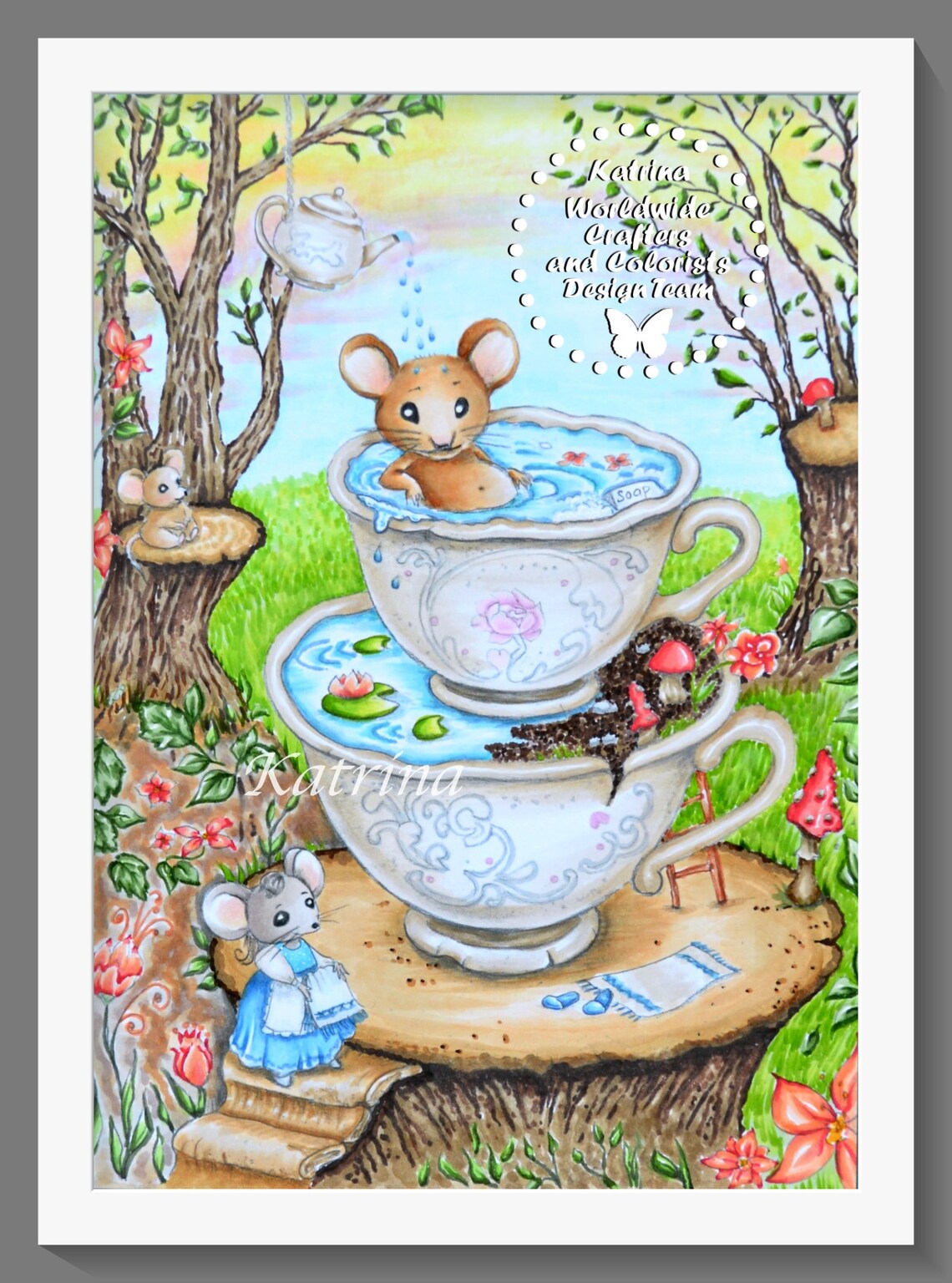 Grayscale Coloring Page, Fantasy Mice Take a Bath in Forest. Mouse Spa ...
