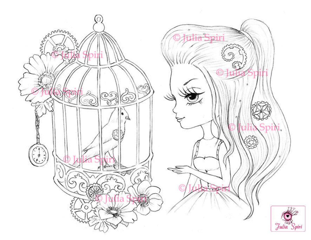 Digital Stamp, Digi, Bird, Cage, Steampunk, Girl, Big Eyes, Fairytale ...