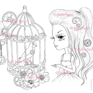 Digital Stamp, Digi, Bird, Cage, Steampunk, Girl, Big Eyes, Fairytale ...