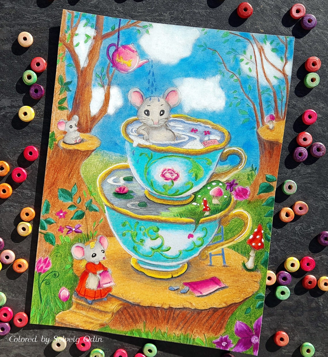 Grayscale Coloring Page, Fantasy Mice Take a Bath in Forest. Mouse Spa ...