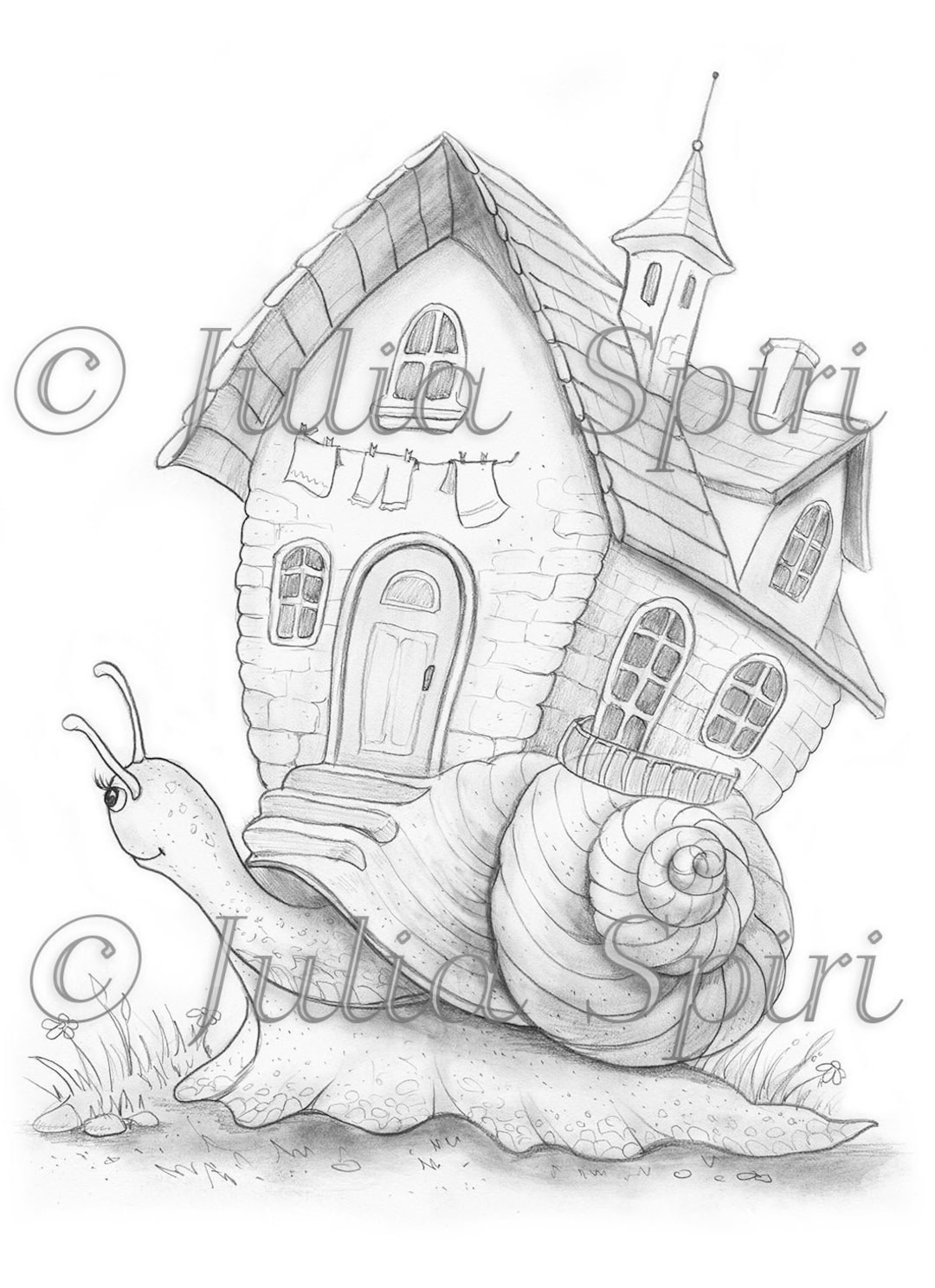Grayscale Coloring Page, Whimsy, Fun Drawing. the Snail House - Etsy