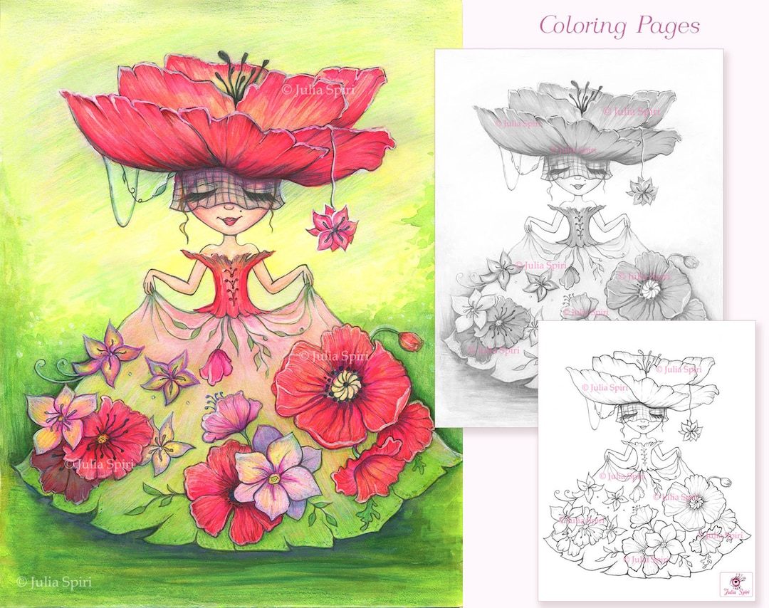 Coloring Pages, Digital Stamp, Digi, Girl, Flowers, Fantasy, Whimsical ...