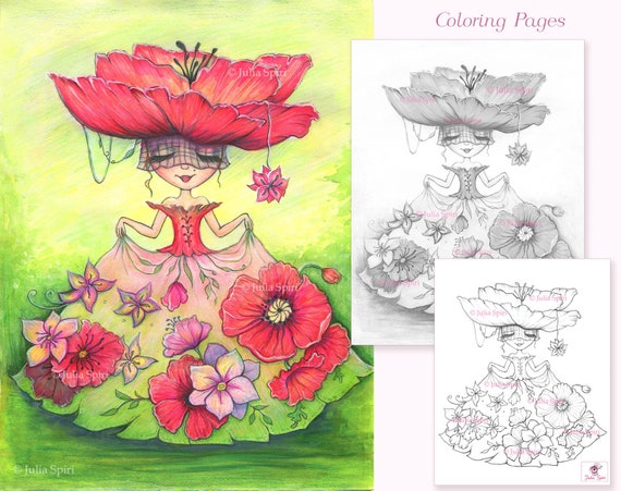 Coloring Pages Digital Stamp Digi Girl Flowers Fantasy - Etsy