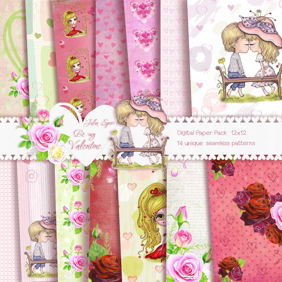 Love Digital Paper Pack, Seamless Patterns, Heart, Flowers Roses ...