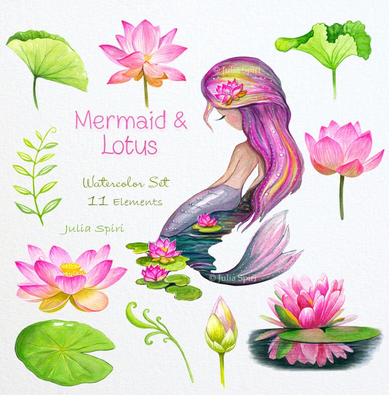 Mermaid & Lotus Watercolor Clipart Siren Wedding Flowers - Etsy Canada