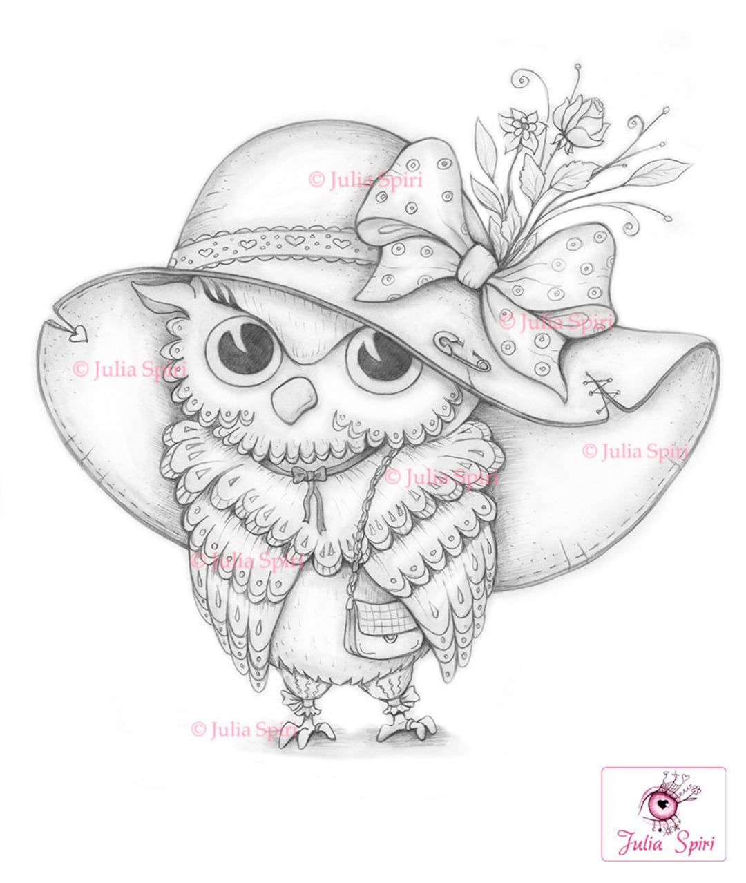 Owl Coloring Page, Digital Stamp, Digi, Fashion, Hat, Bird, Bag, Bow ...