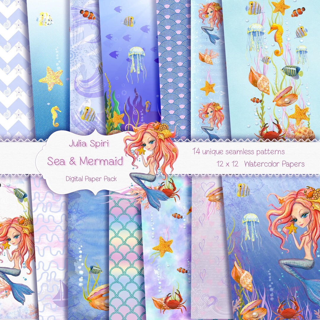 Sea & Mermaid Paper Pack, Watercolor Seamless Patterns, Siren, Seahorse ...