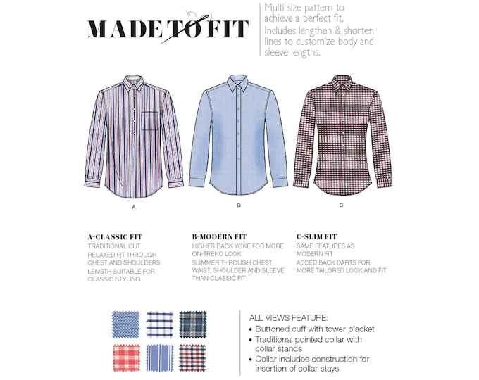 Men's Classic, Modern and Slim-fit Shirt Simplicity Sewing Pattern ...