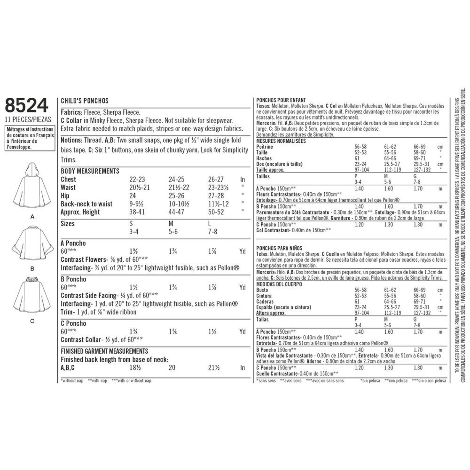 Child's Poncho Simplicity Sewing Pattern 8524 | Etsy