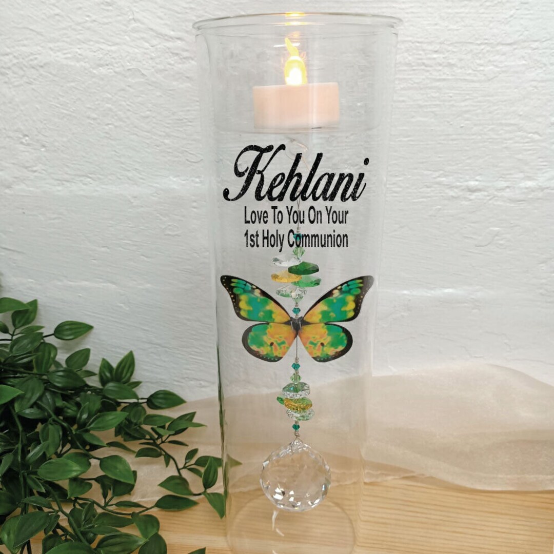 Holy Communion, Confirmation Glass Candle Holder Green Butterfly Made ...