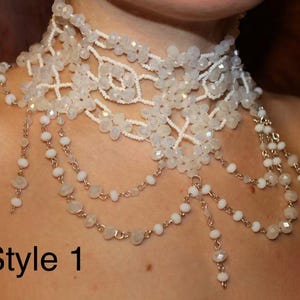 White Beaded Wedding Collar Necklace, Crystal Choker for Bride, Fringe ...
