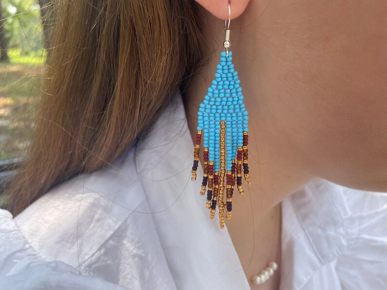 Turquoise and Rust Earrings Handmade, Blue Boho Earrings Fringe ...