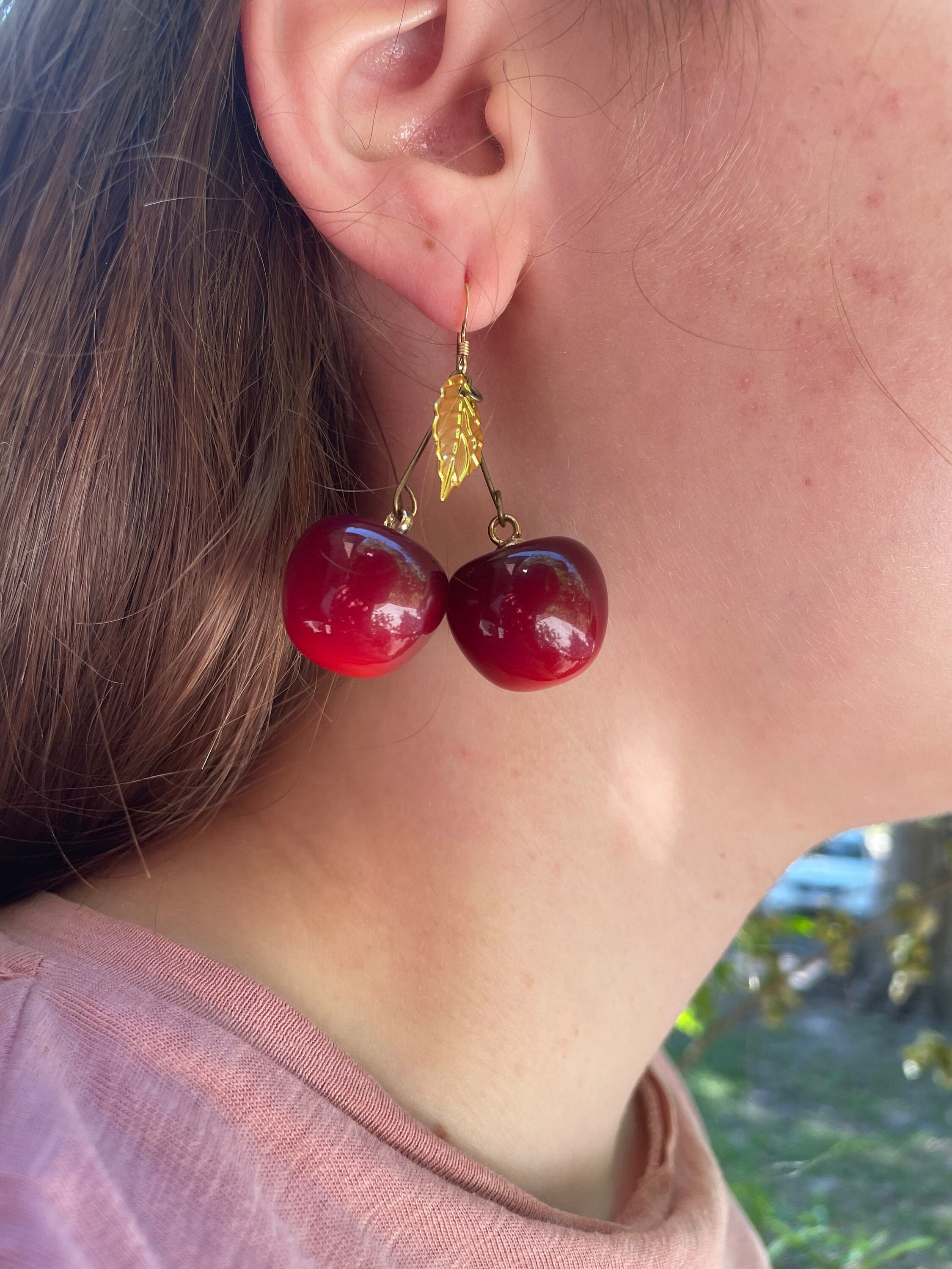Realistic Cherry Dangle Earrings With Gold Filled Hooks Unique Gift for Sister Girlfriend or ...