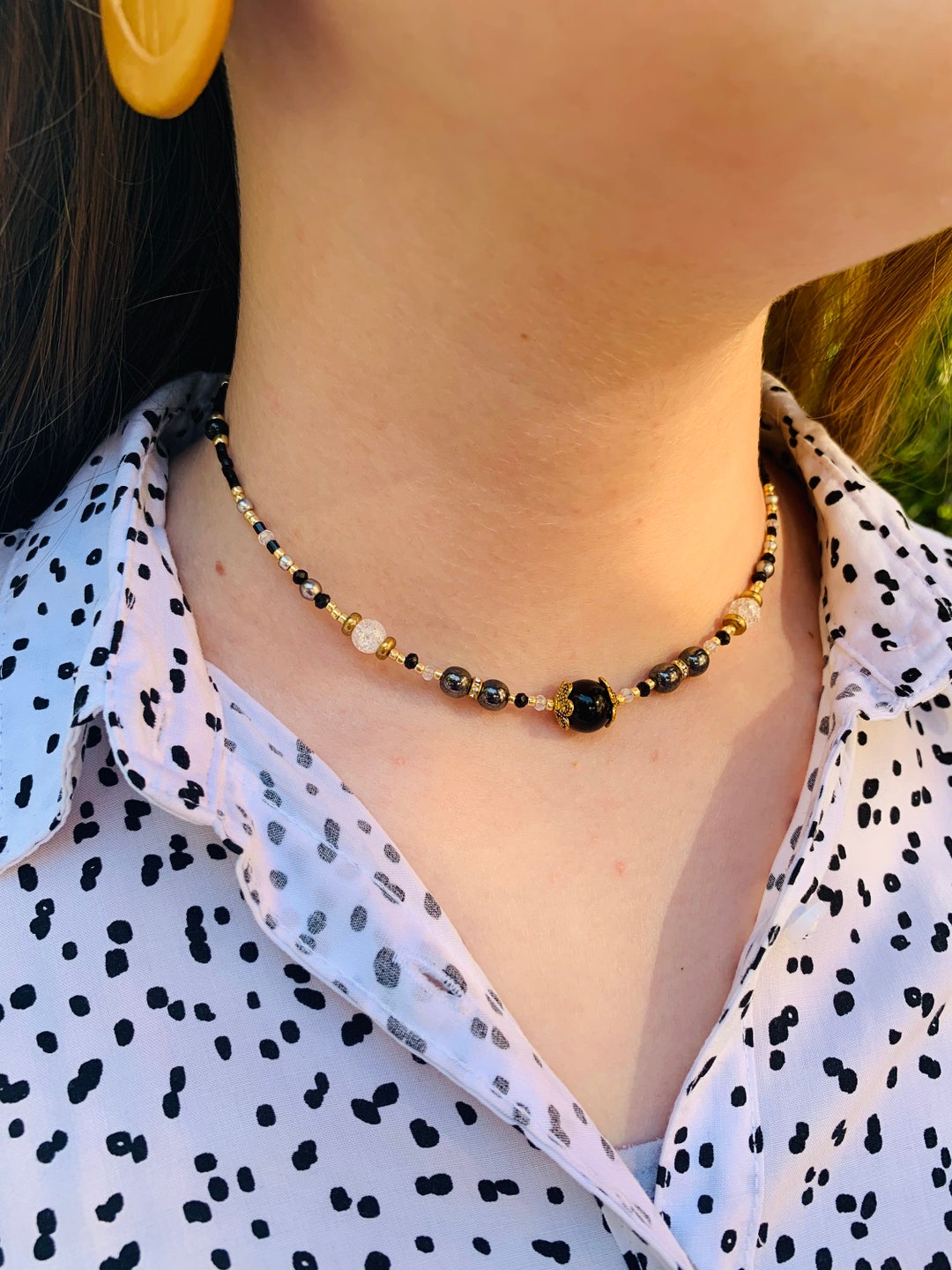 Minimalist Beaded Choker Necklace With Onyx Hematite, Black and Gold ...