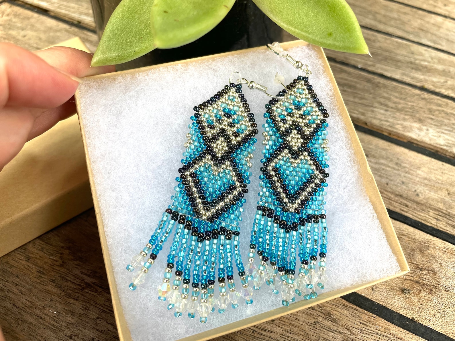 Turquoise Beaded Earrings Long Earrings Fringe Earrings Ombre Earrings ...