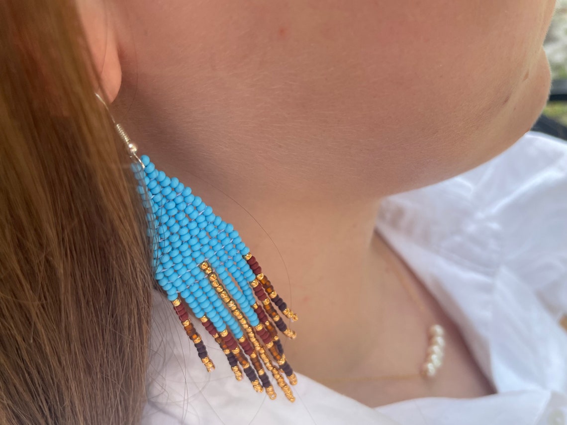 Turquoise and Rust Earrings Handmade, Blue Boho Earrings Fringe ...