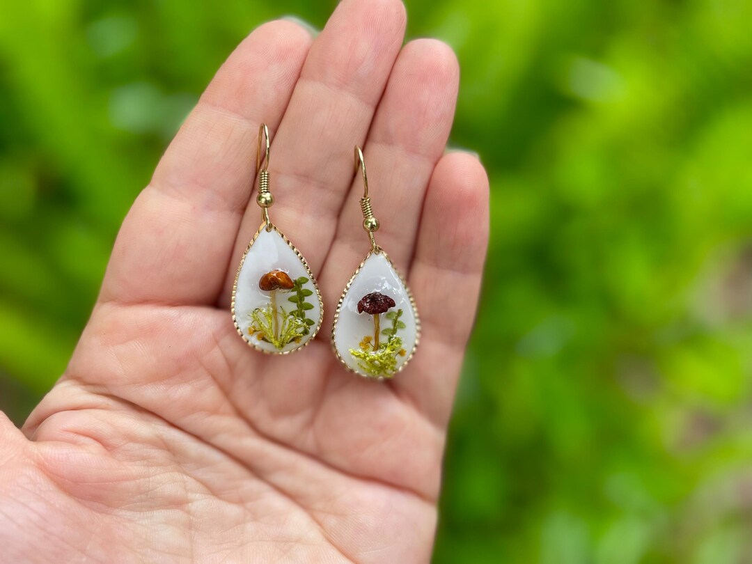 Teardrop Mushroom Moss Earrings: 14K Gold Dangle, Woodland Fairy ...