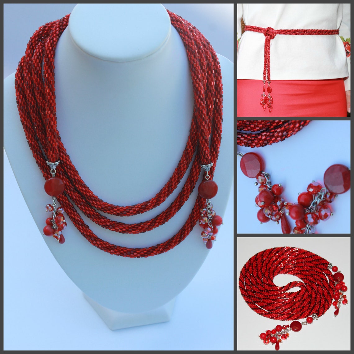 Christmas Ruby Red Bead Necklace Beaded Layered Necklace - Etsy