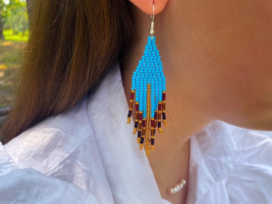 Turquoise and Rust Earrings Handmade, Blue Boho Earrings Fringe ...