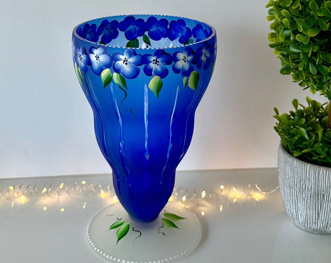 Painted Blue Glass Vase Cobalt Blue Table Decor, Blue Kitchen Gift ...
