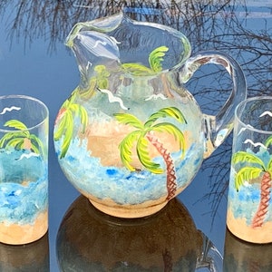 Hand Painted Glass Pitcher Set, Ocean Scene, Tropical Pitcher Set, Palm ...