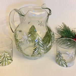 Painted Glass Pitcher Set With Winter Trees, Holiday Pitcher, Christmas ...