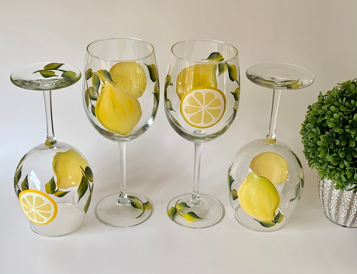 Copas de vino pintadas limones y rodajas de limón regalo de | Etsy