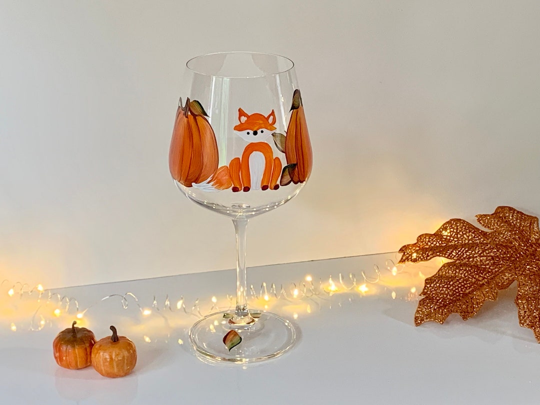 Hand Painted Wine Glass Cute Fox and Pumpkins, Large Fall Painted ...
