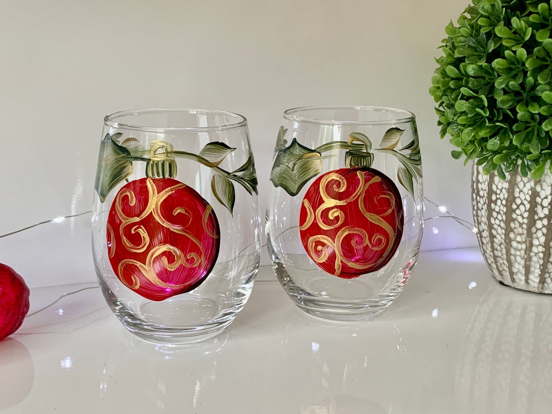 Painted Christmas Wine Glass, Godmother Gift, Red Holiday Glasses, Grab ...
