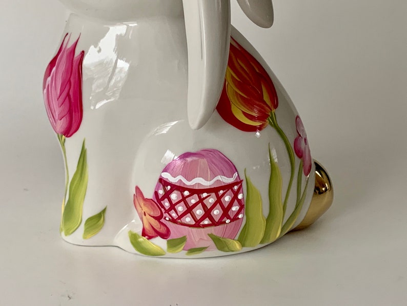 Hand Painted Easter Bunny Pink Tulips Ceramic Bunny Cute - Etsy