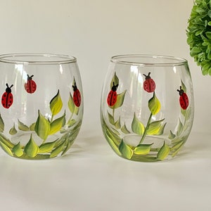 Painted Wine Glasses, Stemless Ladybugs, Valentines Gift, Painted ...