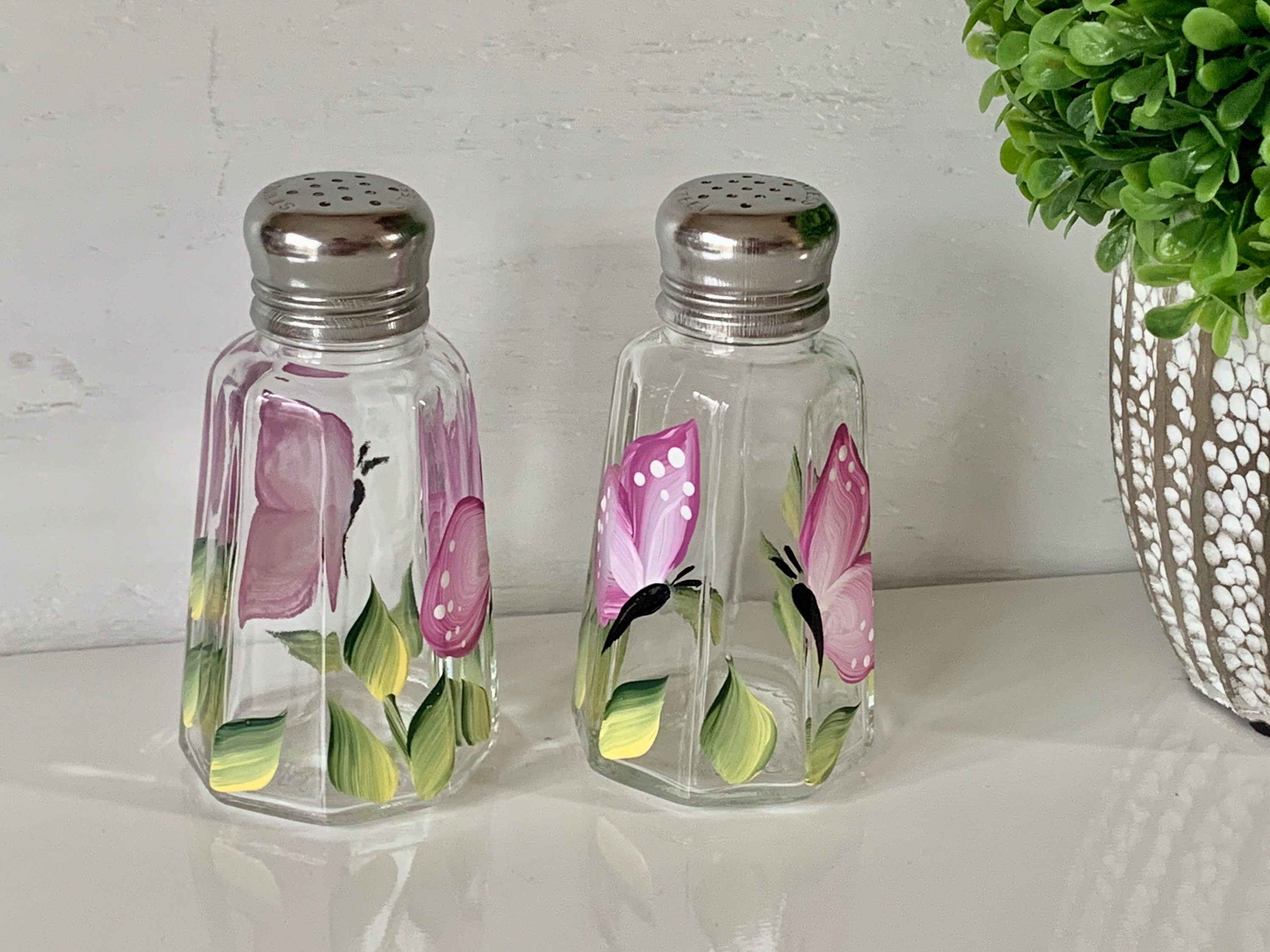 Painted Salt Pepper Shakers Pink Butterflies, Glass Shaker Set Pink ...