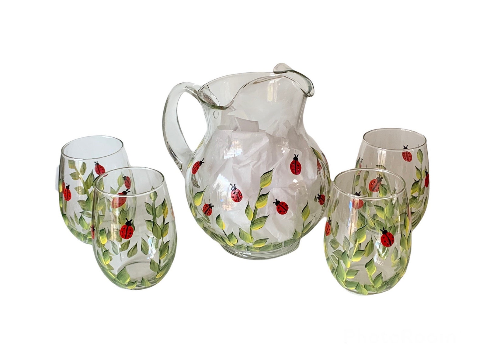 Ladybugs Pitcher Set Large Water Pitcher, Painted Wine Glasses ...