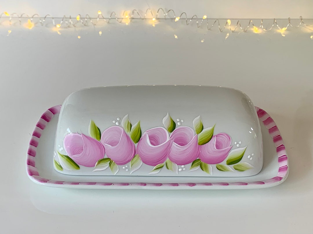 Butter Dish, Painted Pink Roses, Covered Butter Dish With Lid, Housewarming Gift, Mothers Day ...