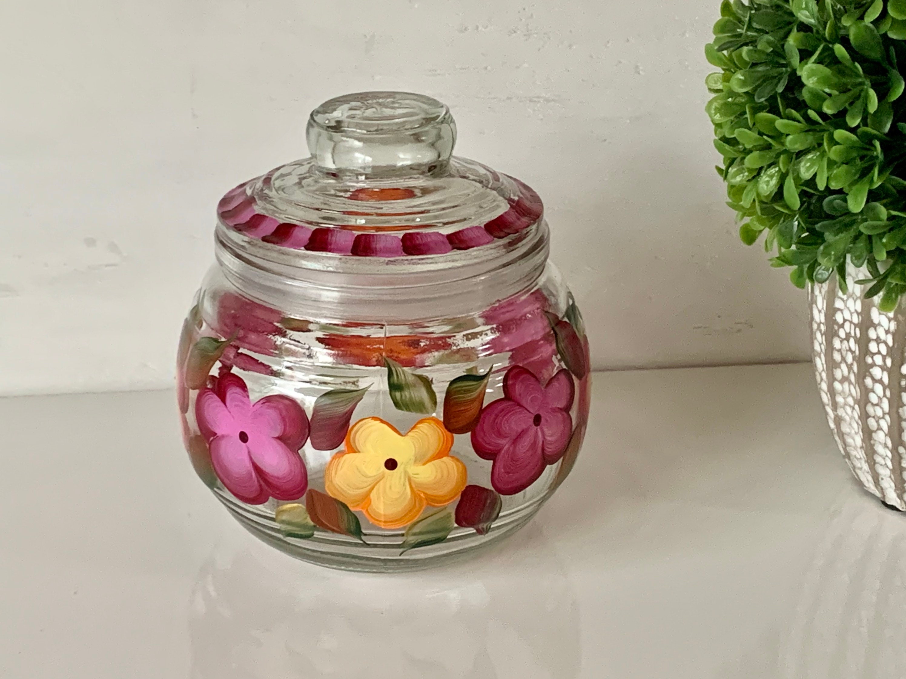 Painted Cookie Jar, Fall Flowers Candy Jar, Glass Jar With Lid, Candle ...
