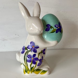 Painted Easter Bunny With Violets, Cute Easter Decor, Ceramic Spring ...