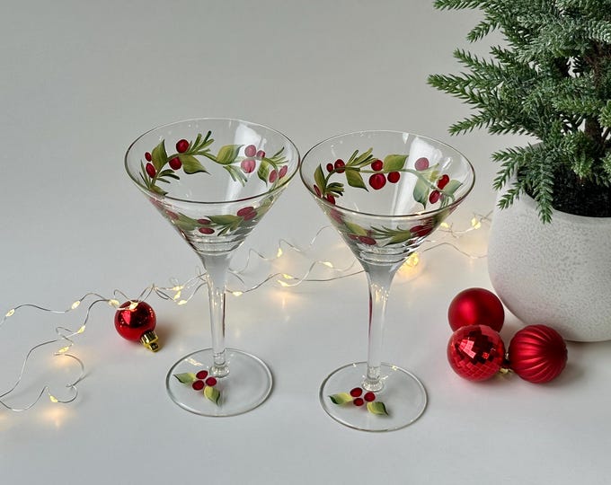 Painted Martini Glasses, 21st Birthday Gift for Her, Christmas Winter ...