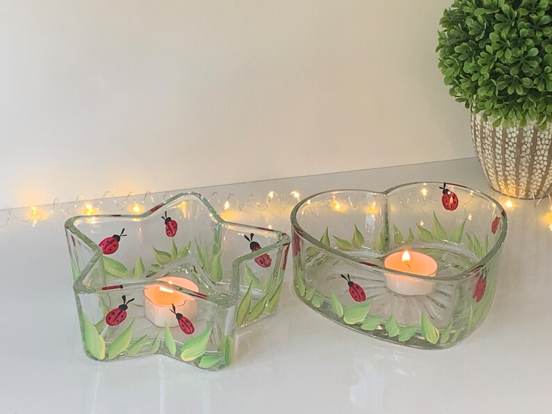 Ladybugs Candle Holder, Painted Glass Ladybug Kitchen Decor, Ladybug ...