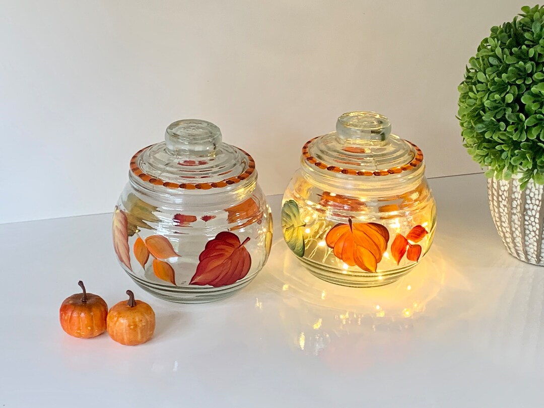 Painted Cookie Candy Jar, Fall Leaves Candle Holder, Colorful Leaves ...