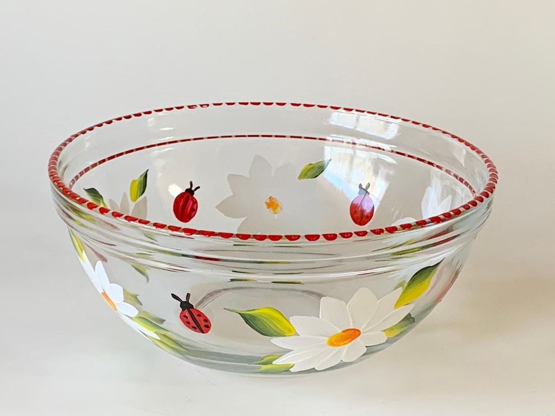 Painted Glass Bowl Daisies Ladybugs, Cute Ladybug Snack Dish, Nuts Bowl ...