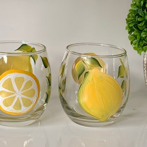 Painted Stemless Lemons Wine Glasses, Lemon Slices, Sister in Law Gift ...