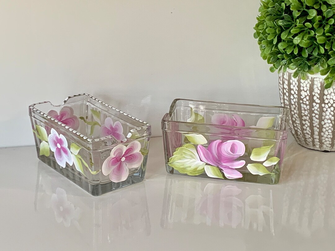 Sweetn'low Glass Container Hand Painted Pink Flowers or Roses Tea Bag ...