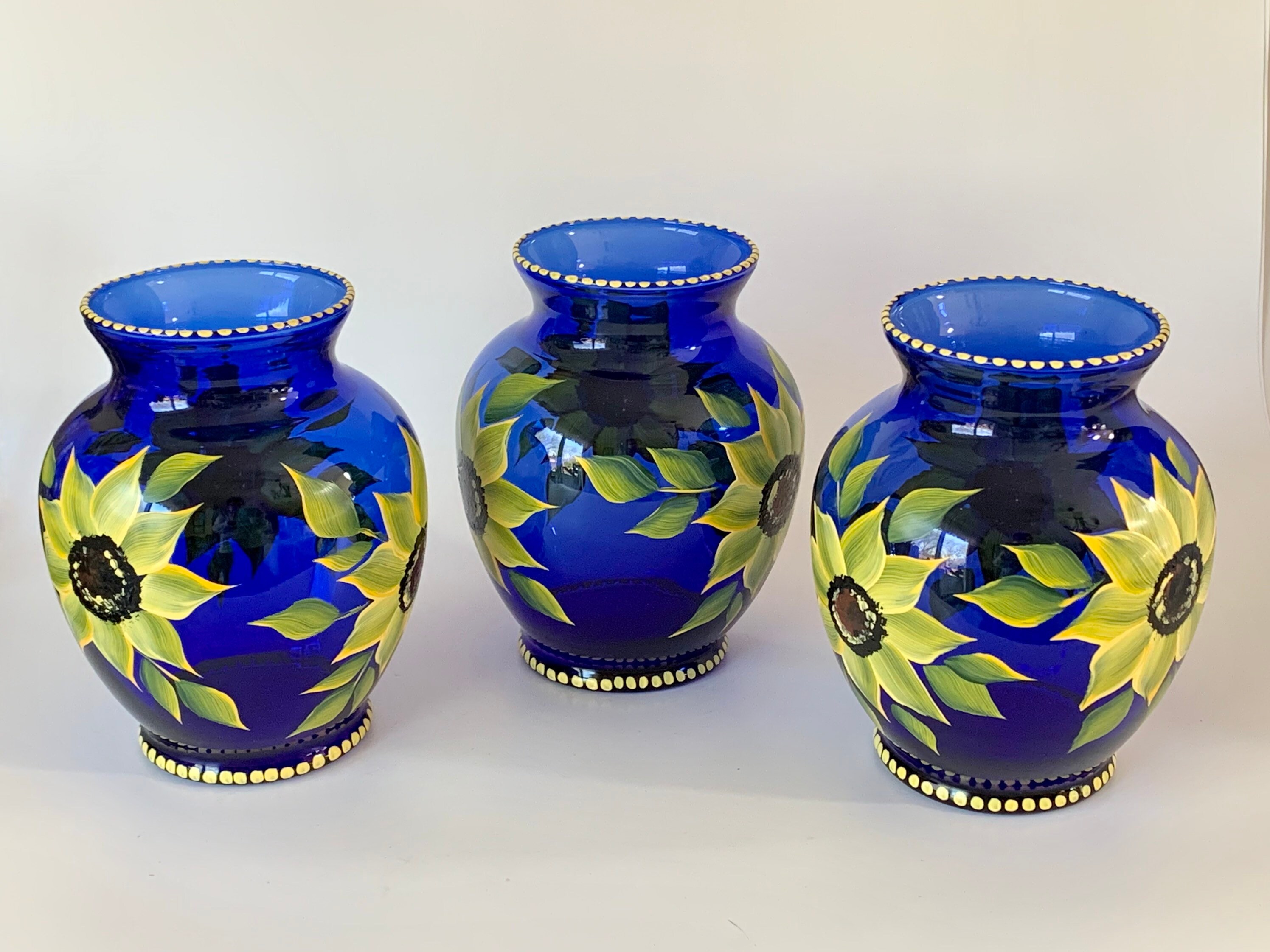 Sunflowers Cobalt Blue Glass Vase Painted Flower Vase 21st | Etsy