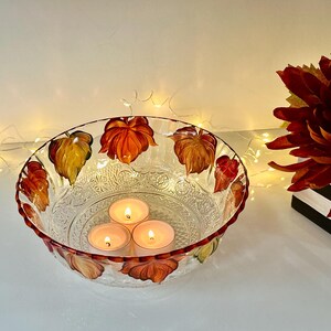 Painted Fall Glass Bowl, Thanksgiving Table Decor Colorful Leaves Salad ...