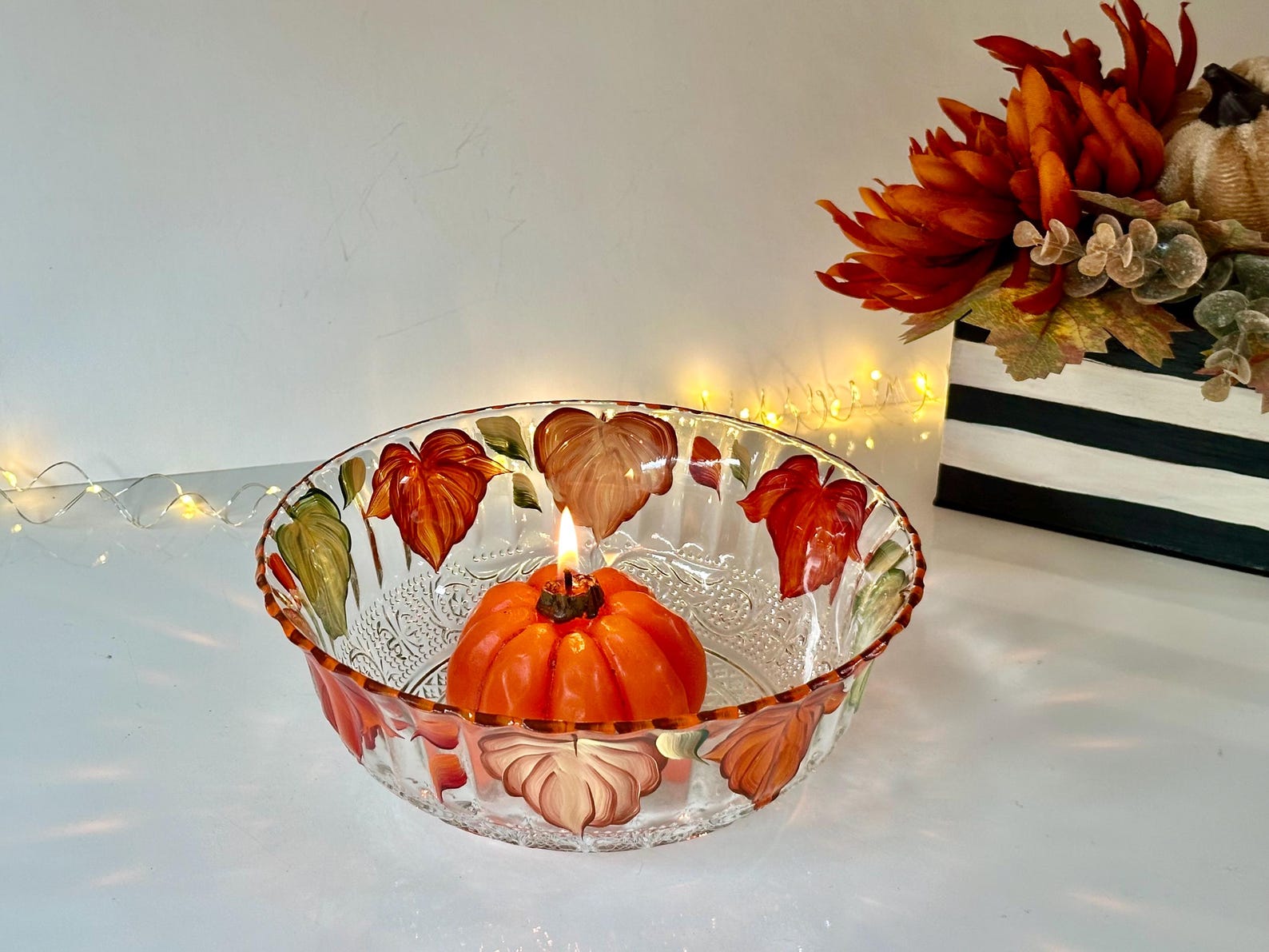 Painted Fall Glass Bowl, Thanksgiving Table Decor Colorful Leaves Salad ...