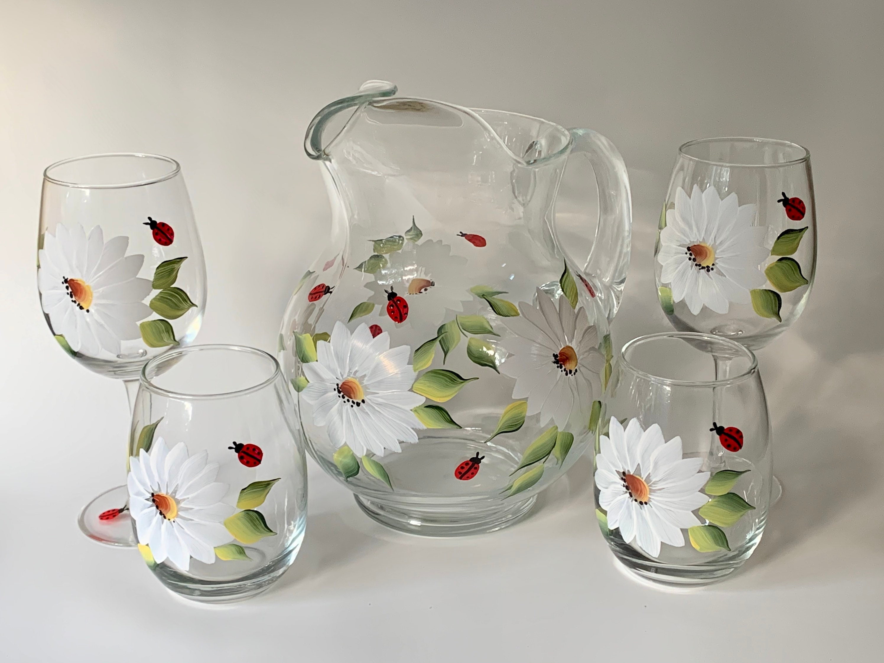 Large water pitcher painted wine glasses stemless wine | Etsy