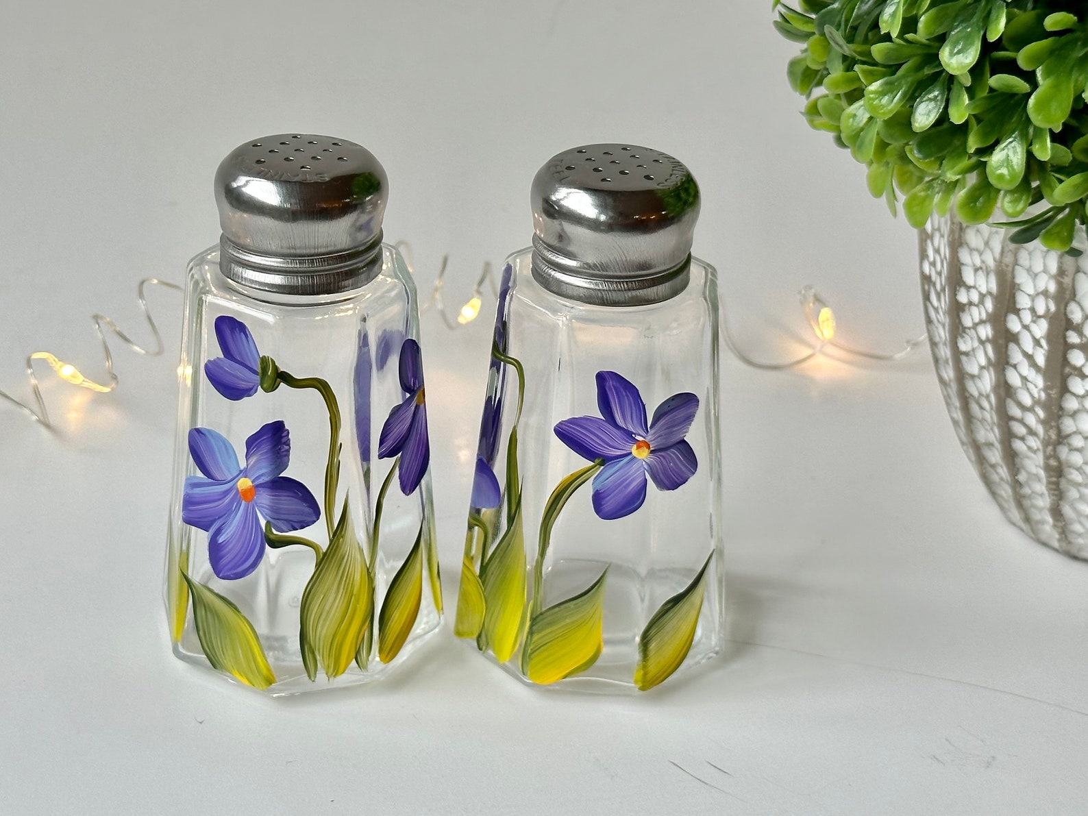 Painted Salt and Pepper Shakers With Violets, Shaker Set, Glass Shakers ...