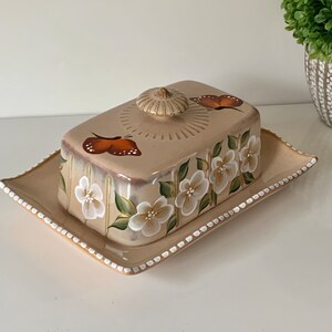 Painted Butter Dish With Monarch Butterflies, White Flowers Ceramic ...
